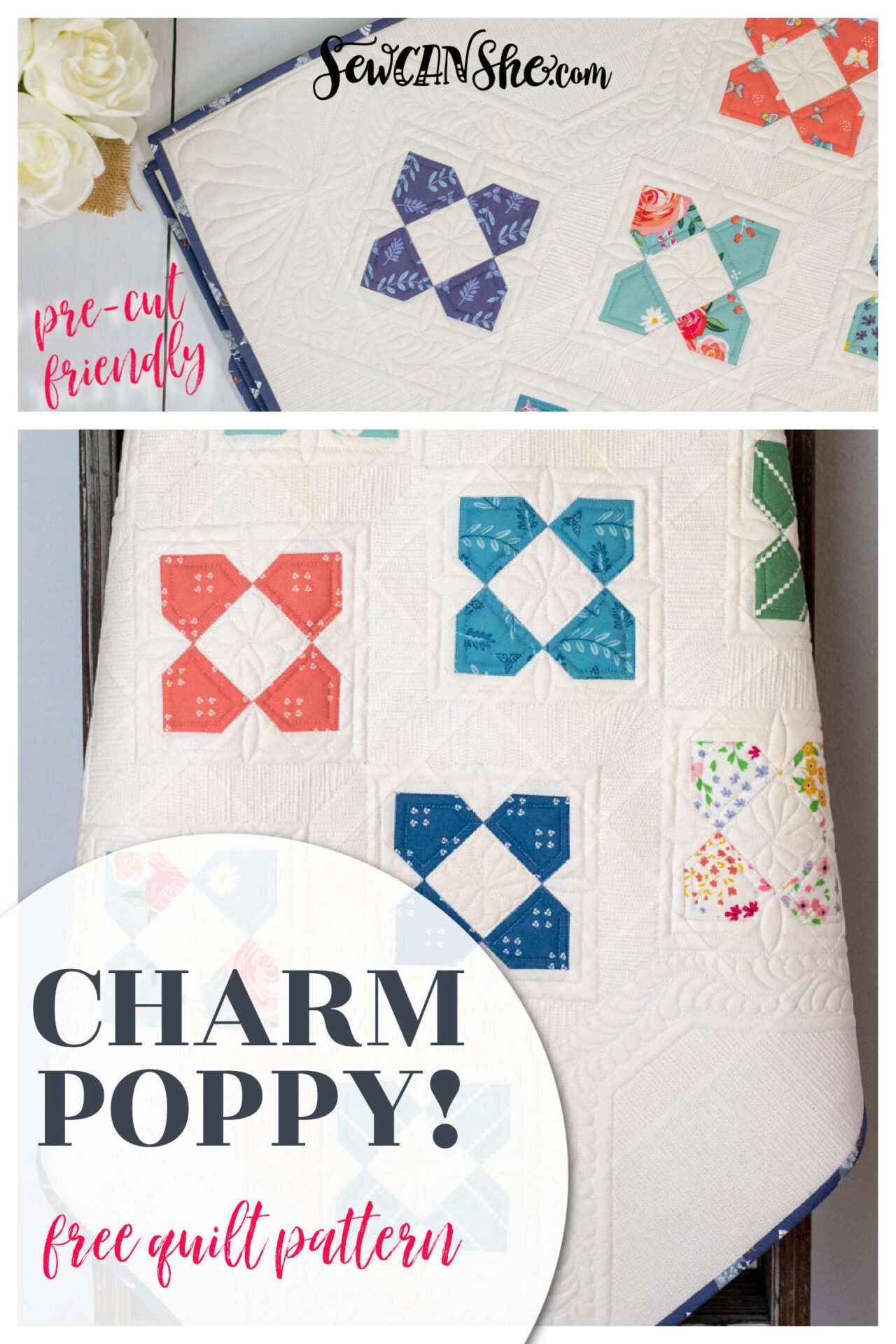 Charm Poppy Free Quilt Pattern for Charm Square bundles!