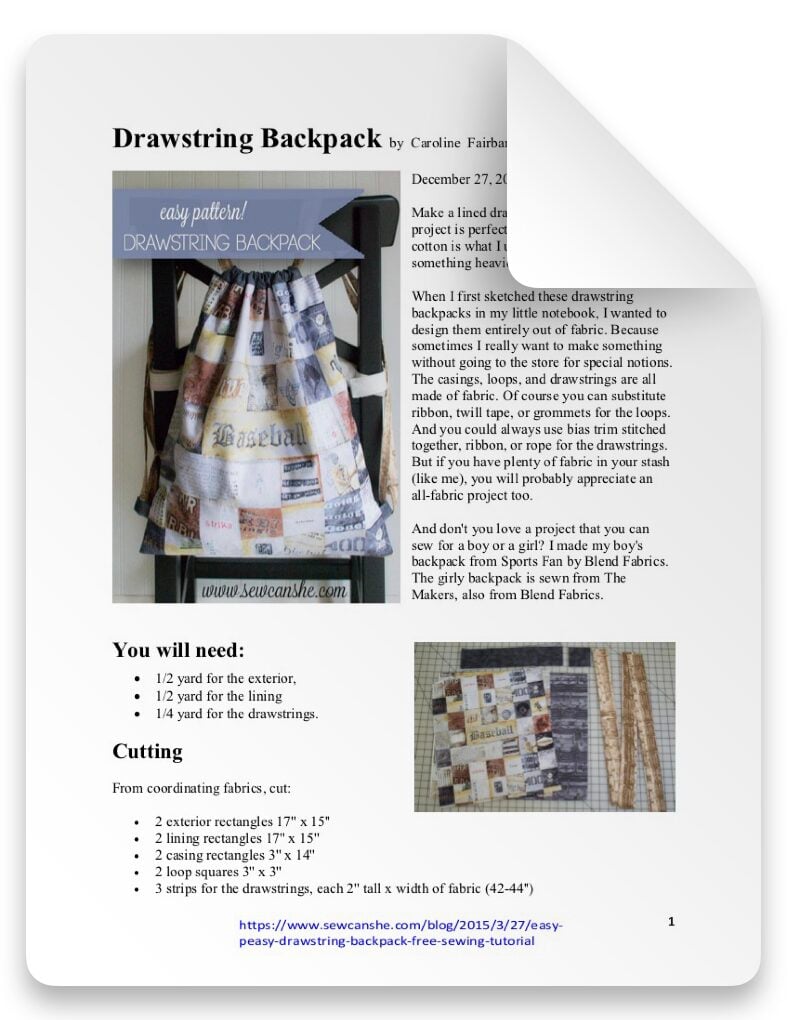 Easy Peasy Drawstring Backpack: free sewing Pattern